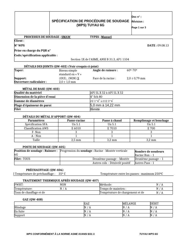 Spécification de Procédure de Soudage Pipe- 6G | PDF | Soudage | Construction
