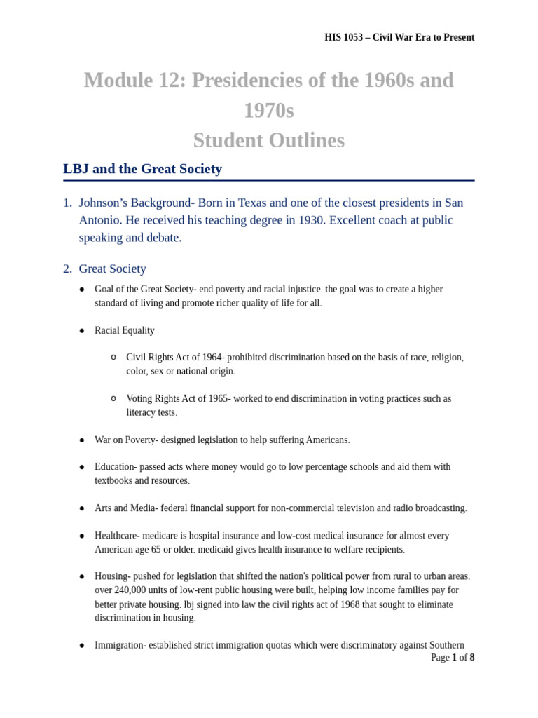 Module 12 Presidencies of the 1960s and 1970s Student Outlines.docx ...