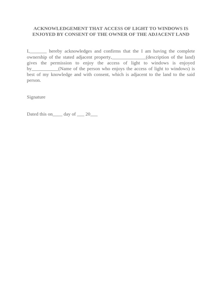 Acknowledgement That Access of Light to Windows is Enjoyed by Consent ...