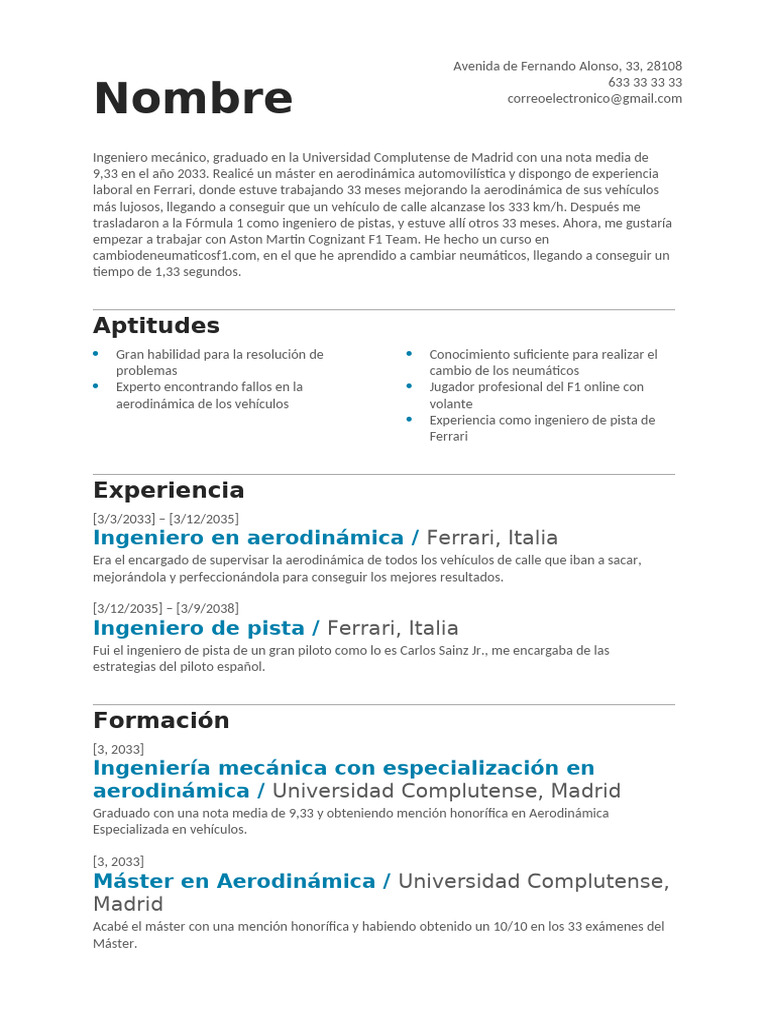 CV Trabajo Futuro | PDF | Formula Uno | Organizaciones de automovilismo