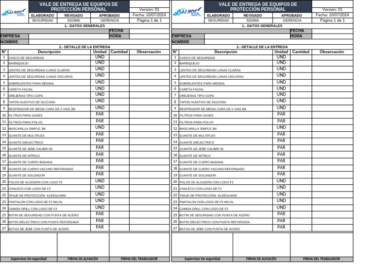 Vale de Entrega de EPP | PDF