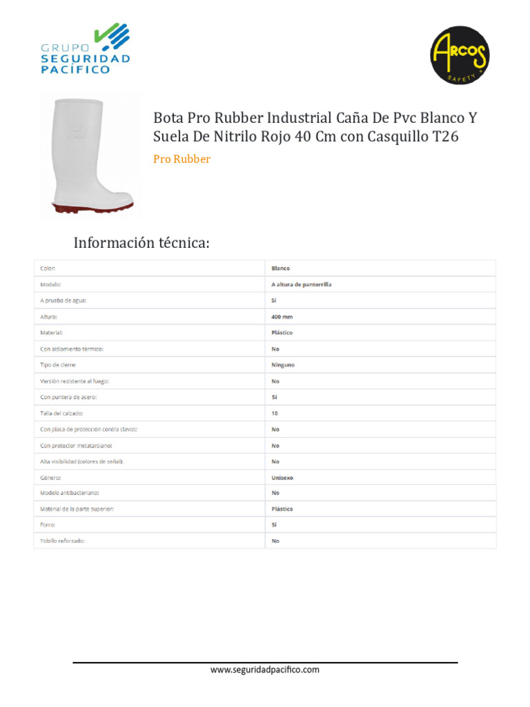 Ficha Técnica Bota Pro Rubber PVC | PDF