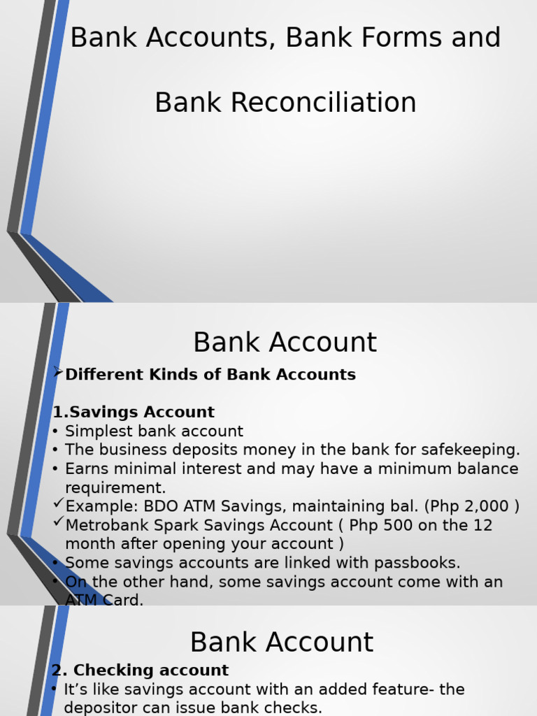 Types of Bank Accounts and Reconciliation | PDF | Banks | Cheque