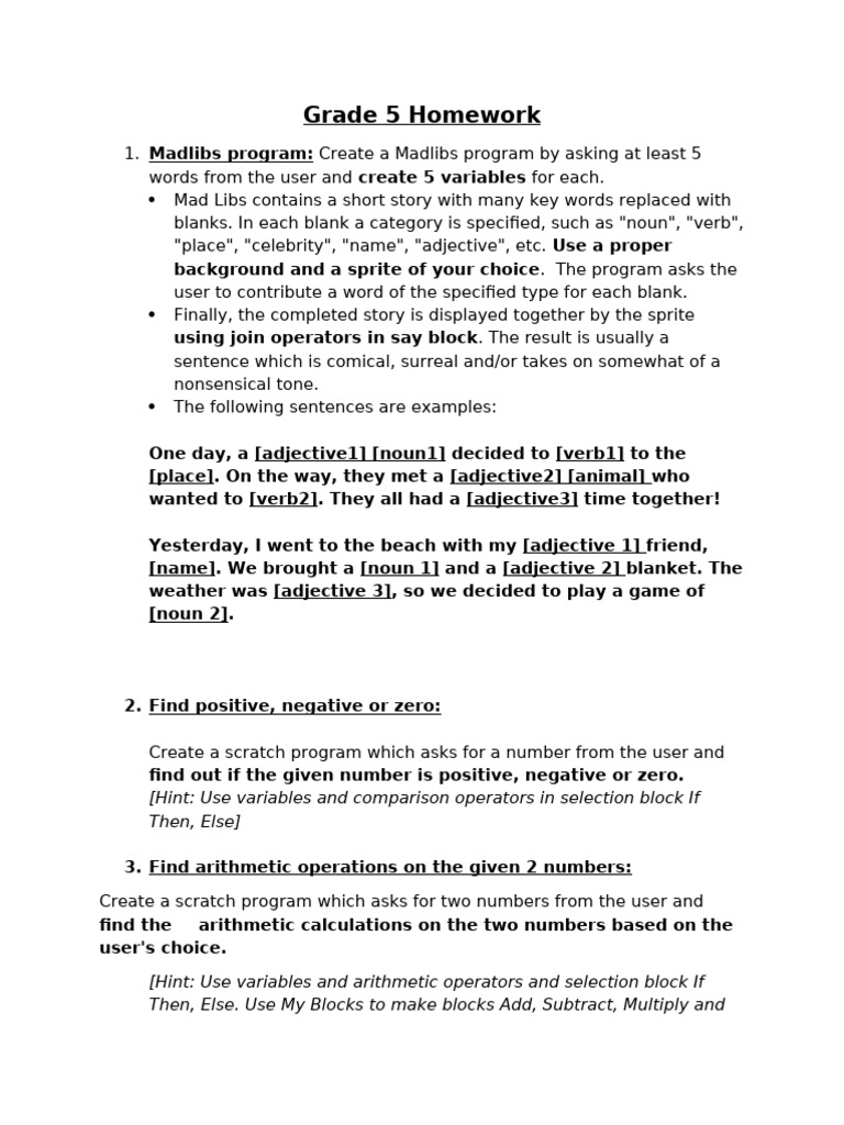 Grade 5 Homework: (Hint: Use Variables and Comparison Operators in ...