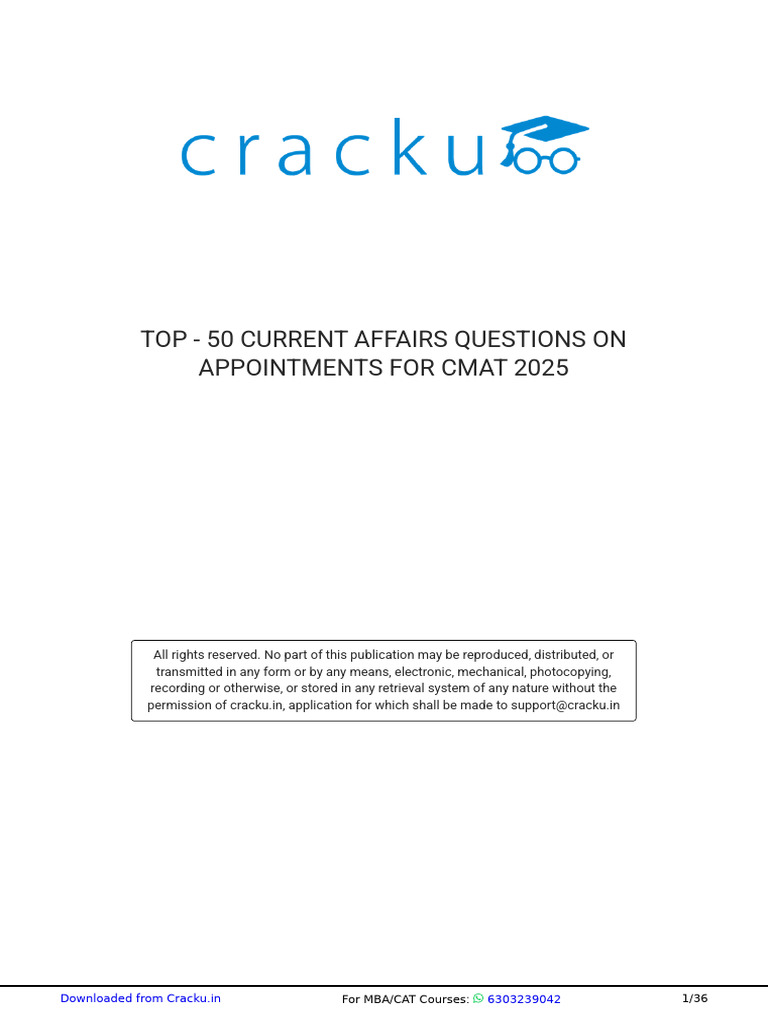 Top - 50 Current Affairs Questions On Appointments For Cmat 2025 | PDF