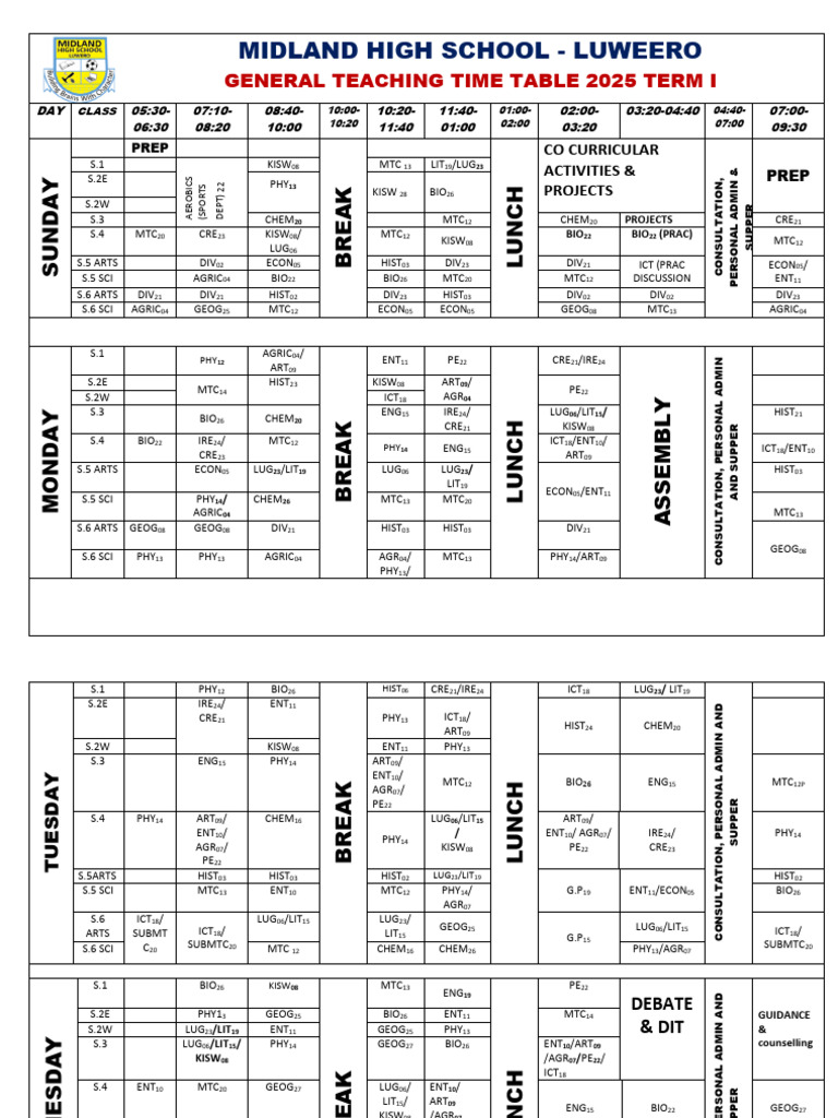 General Time Table Term 1 2025 | PDF | Teaching | Educational Personnel