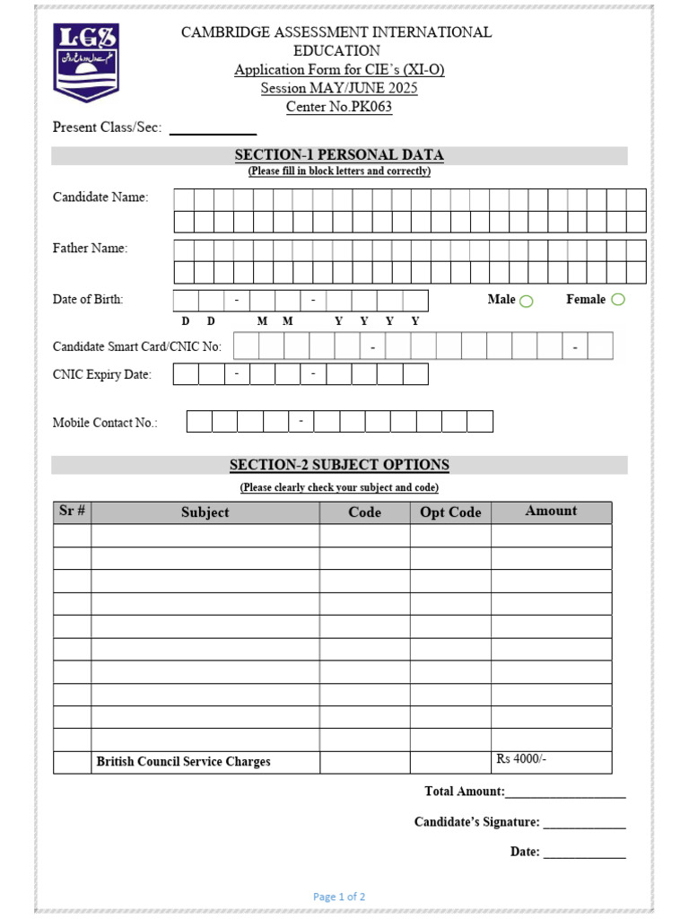 CAIE Application Form 11th Level | PDF
