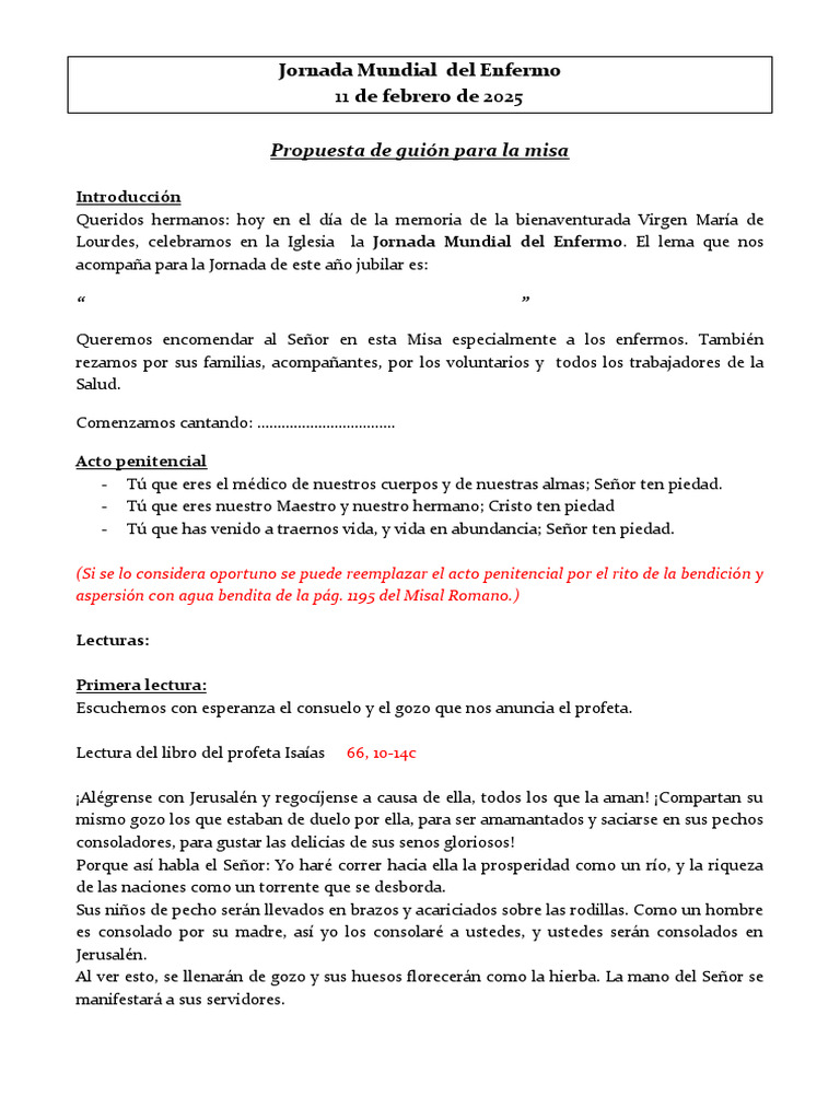 2025 Guión Misa Del Enfermo 2025 PDF | PDF | eucaristía | María, madre ...