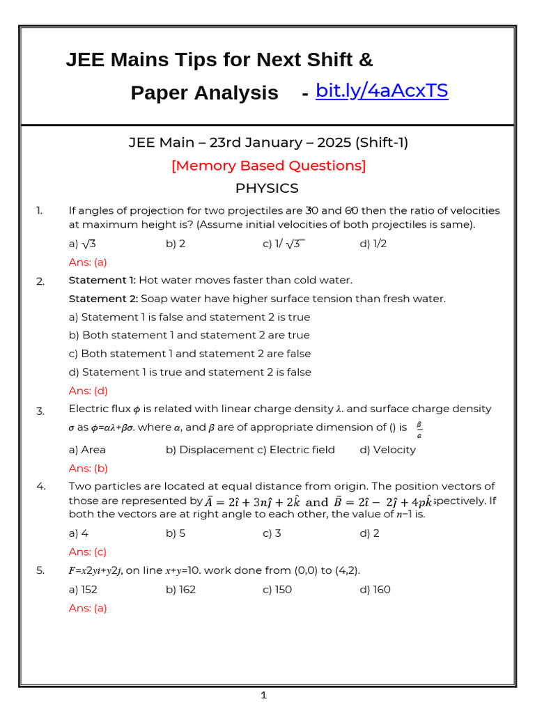 JEE Main 23rd Jan Shift 1 2025 Paper Solution PDF | PDF | Applied And Interdisciplinary Physics ...