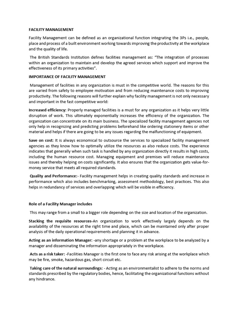 Facility Management Notes - Unit 1 | PDF | Economies | Business