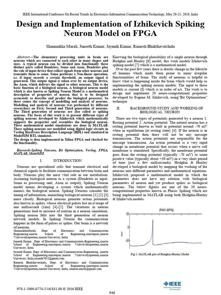 Izhikevich Neuron Model on FPGA | PDF | Neuron | Action Potential