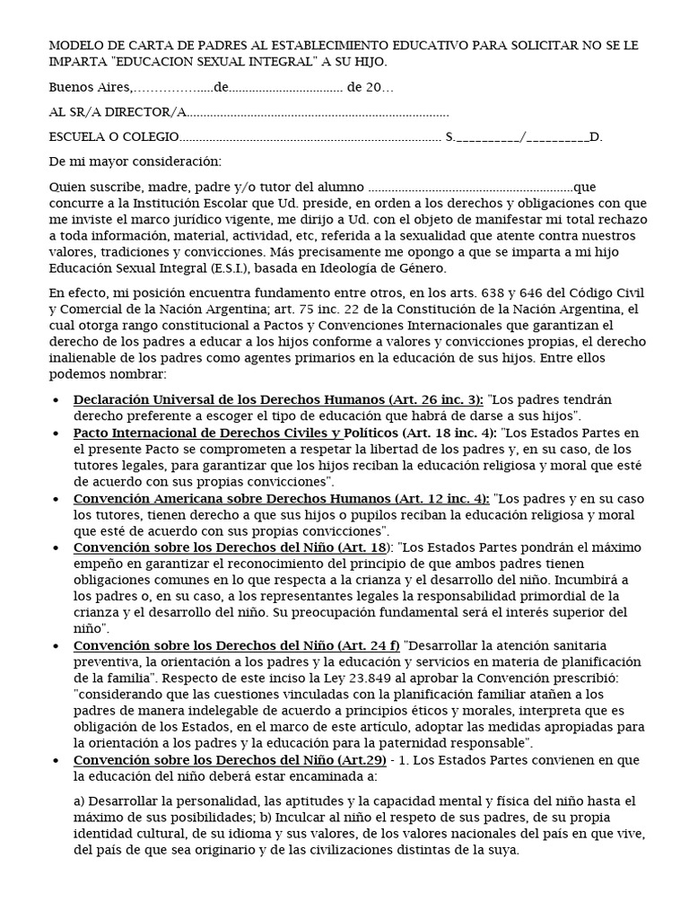 Carta de padres en rechazo a la ESI | PDF | Educación sexual | Derechos de los niños