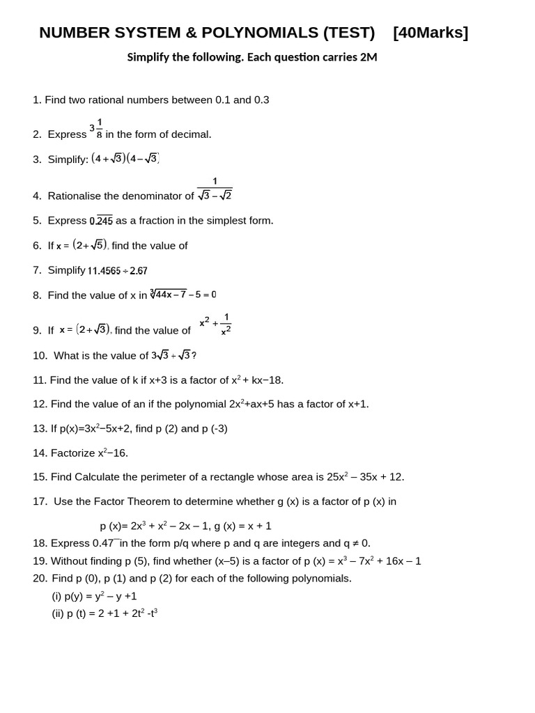 Number System and Polynomials Test | PDF