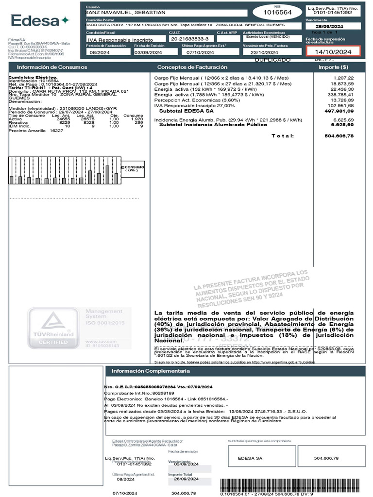 Factura de Suministro Eléctrico EDESA | PDF