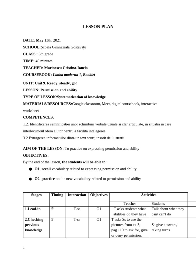 Lesson Plan Clasa A V-A Mai 2021 | PDF | Cognition | Behavior Modification
