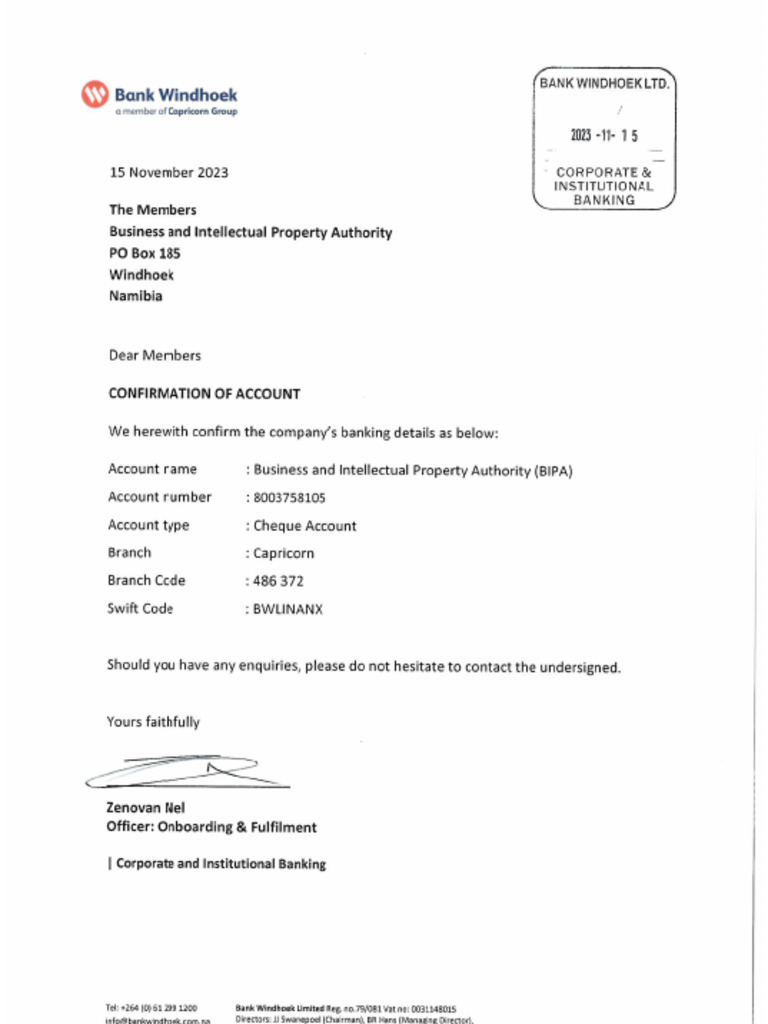 Bank Windhoek Confirmation Letter | PDF