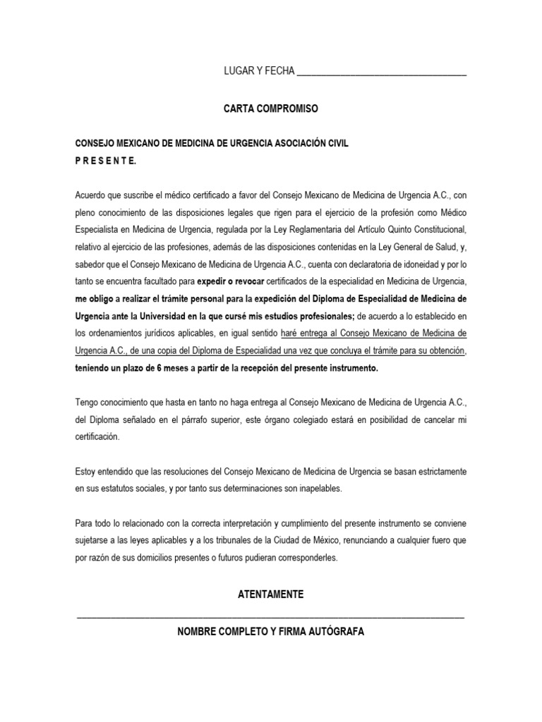 Carta Compromiso Medicina de Urgencia | PDF