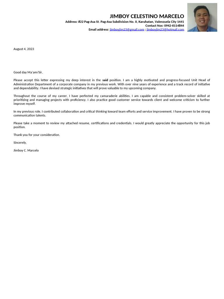 Job Application Letter by Jimboy Marcelo | PDF