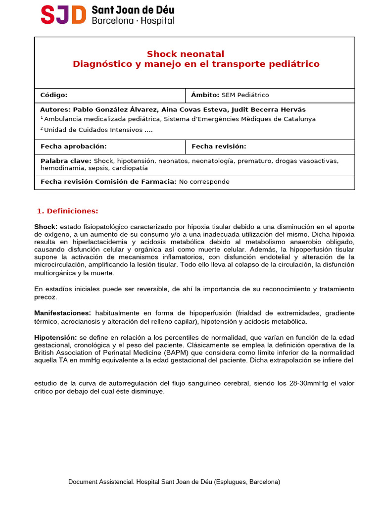 Shock Neonatal - SEM Plantilla | PDF | Hemodinámica | Septicemia