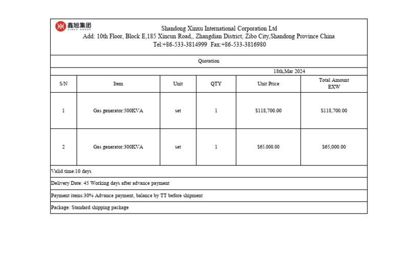 Quotation of Gas Generator | PDF