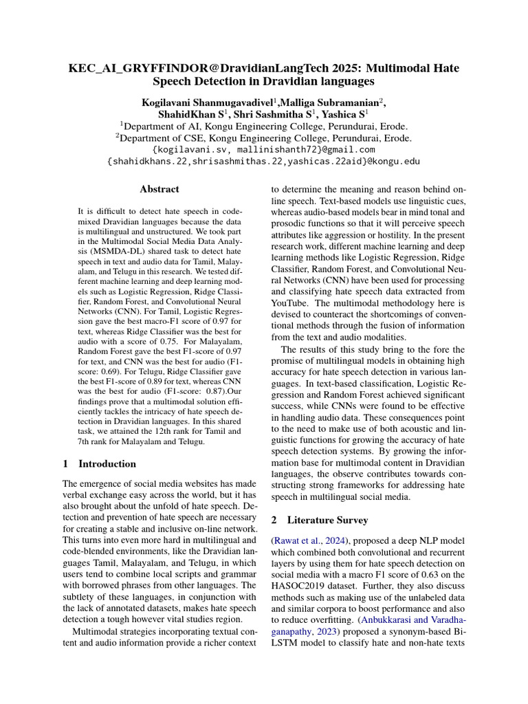 Kec Ai Gryffindor Dravidianlangtech Naacl 2025 | PDF | Machine Learning | Deep Learning