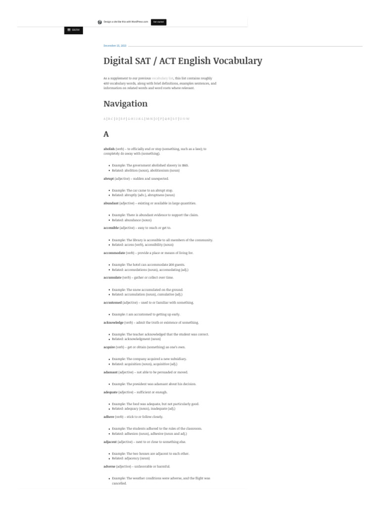 Digital SAT/ACT English Vocabulary List | PDF | Adjective | Verb