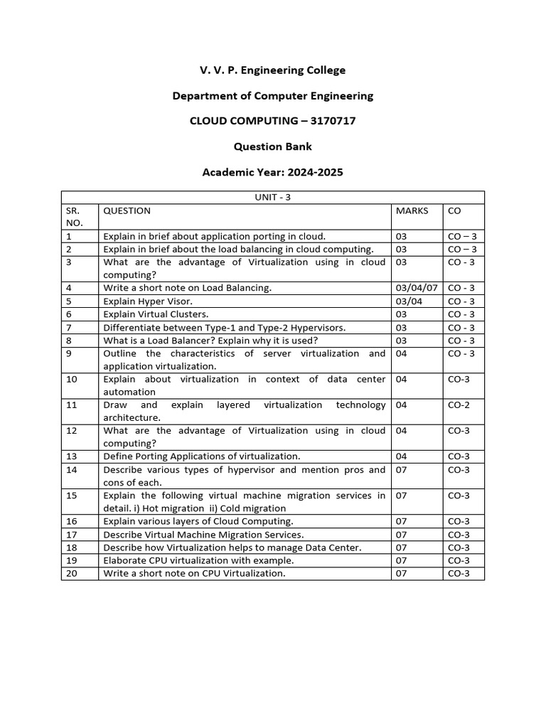 CC - QUESTION BANK(UNIT 3 & 4) | PDF | Virtualization | Cloud Computing
