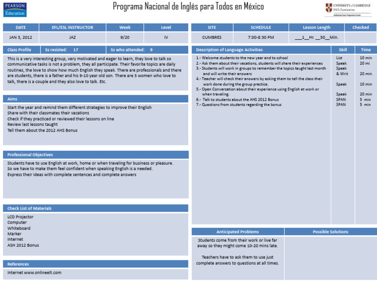 JAZ AHS LESSON PLAN JAN 3 2012 CUMBRES 700 830 PM SAMPLE | PDF ...