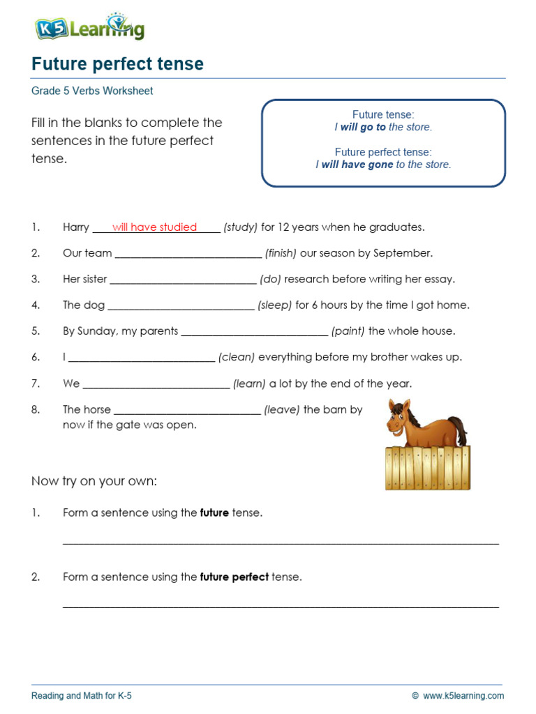 Future Perfect Tense Worksheet for 5th Grade | PDF | Perfect (Grammar ...