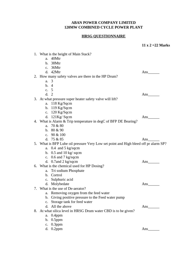 HRSG Questionare | PDF | Boiler | Chemical Engineering