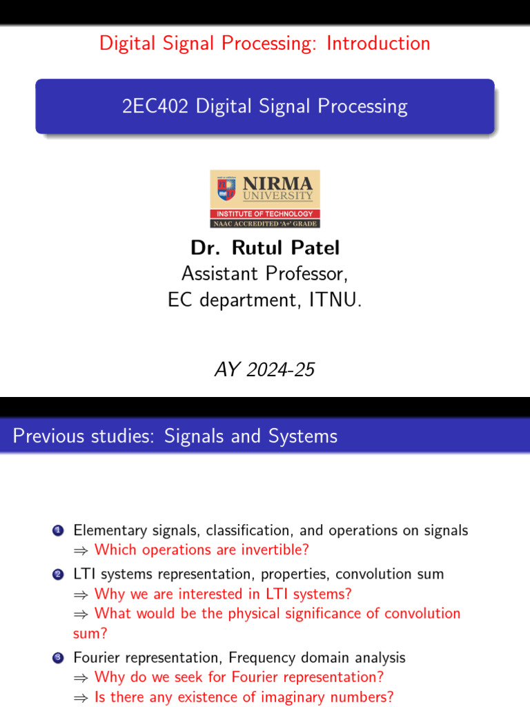 1_Introduction to DSP_RP_2025 | PDF | Digital Signal Processing | Discrete Fourier Transform