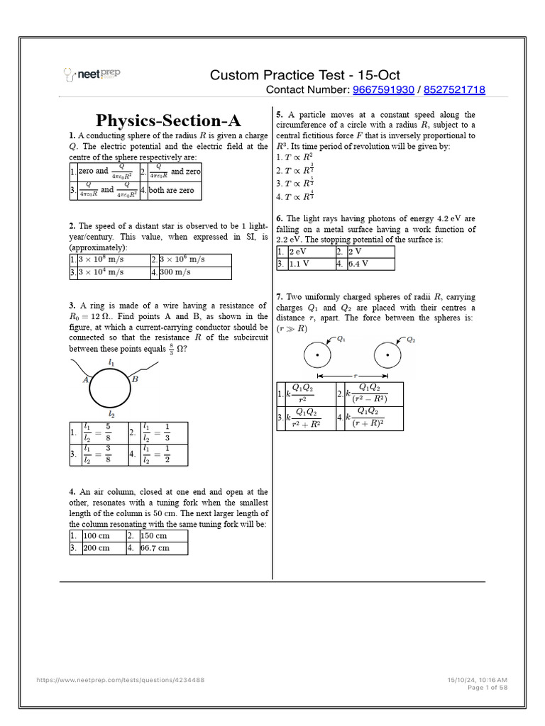 Custom Practice Test - 15-Oct | PDF | Electronvolt | Electron