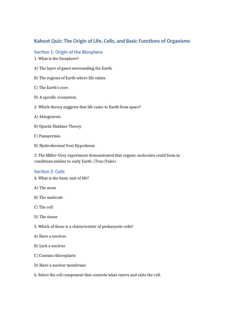 Kahoot - Quiz - Biology 1eso | PDF