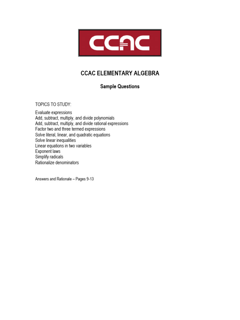 Placement Test Sample Algebra | PDF | Factorization | Quadratic Equation