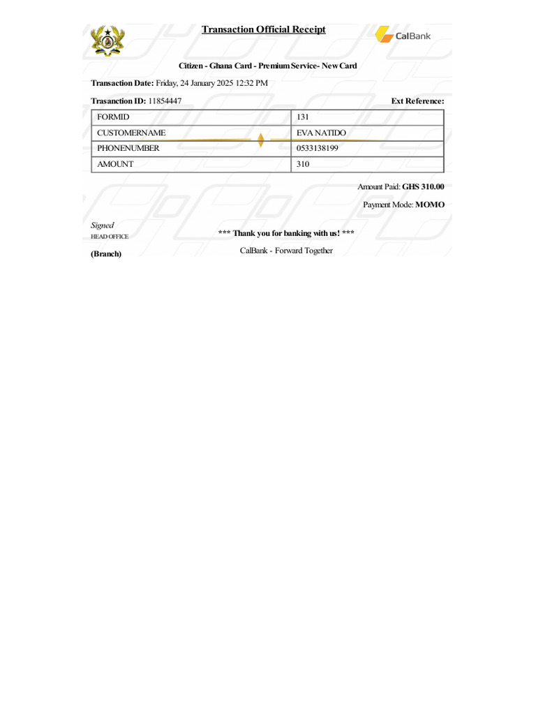 Official Receipt for GHS 310 Payment | PDF