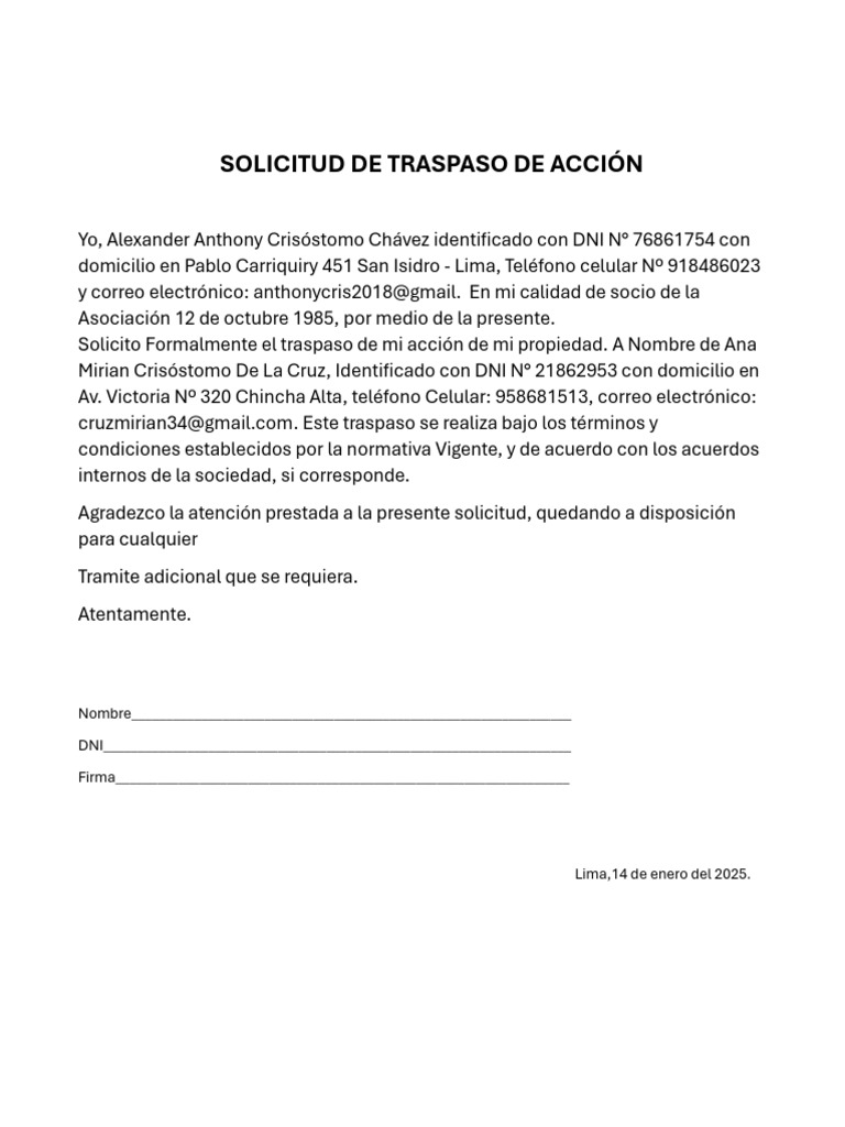 Solicitud de Traspaso de Acción Societaria | PDF