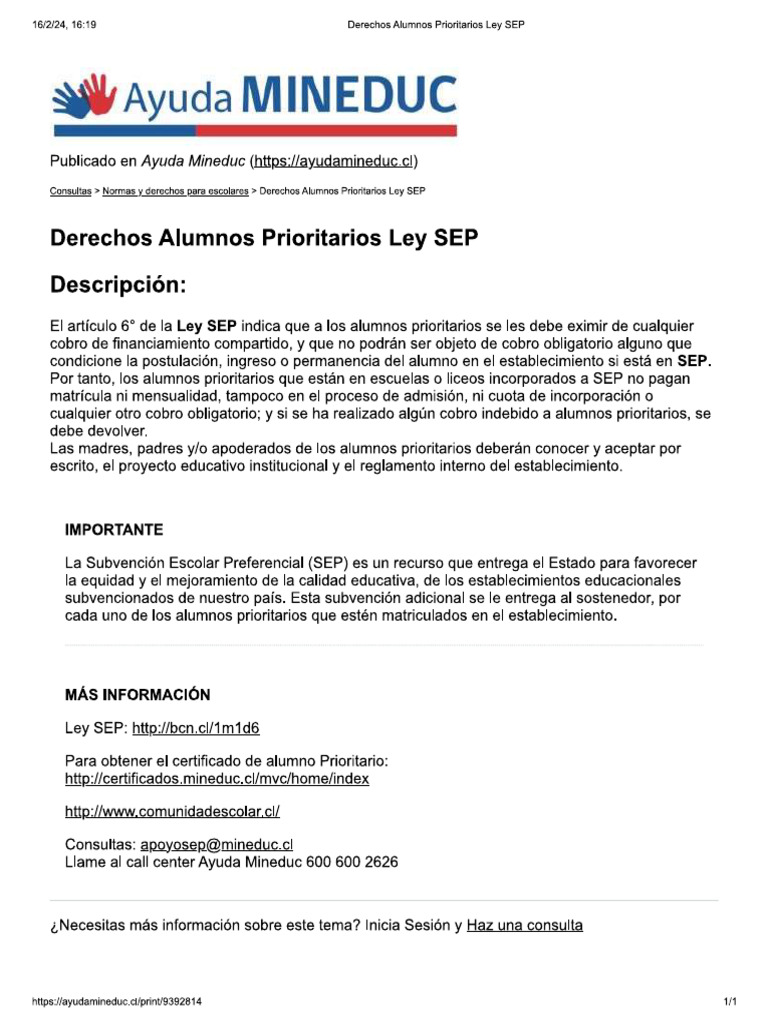 Derecho Alumnos Prioritarios - MINEDUC | PDF