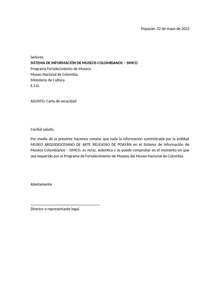Modelo Carta Veracidad | PDF