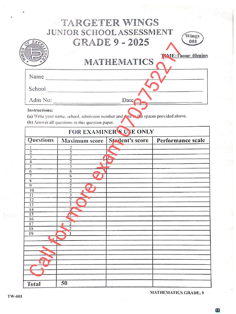 G9 Maths TW001 2025 | PDF