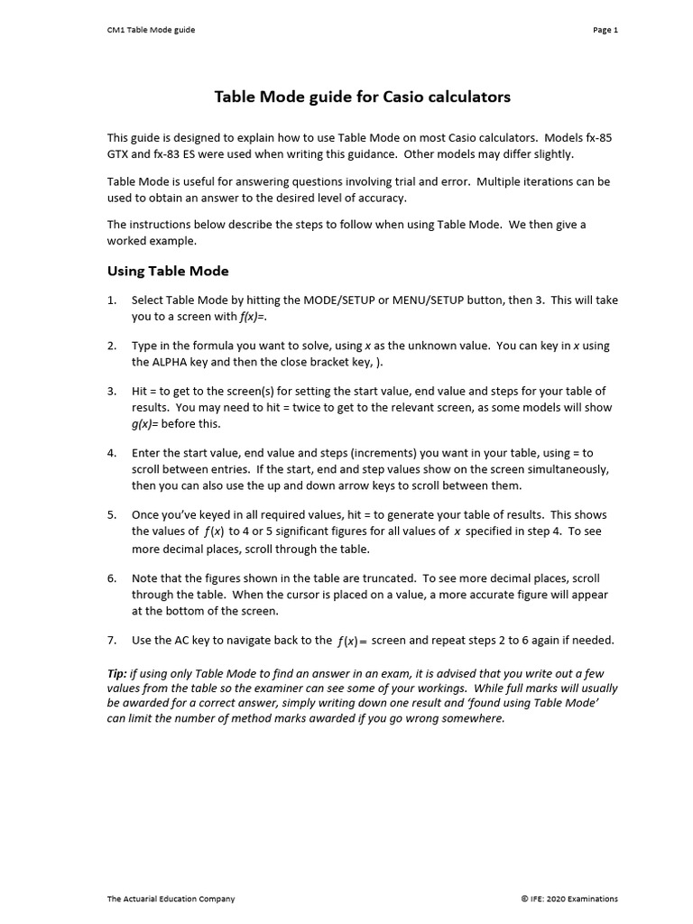 CM1 Table Mode Guidance For Casio Calculators 2020 | PDF | Significant ...