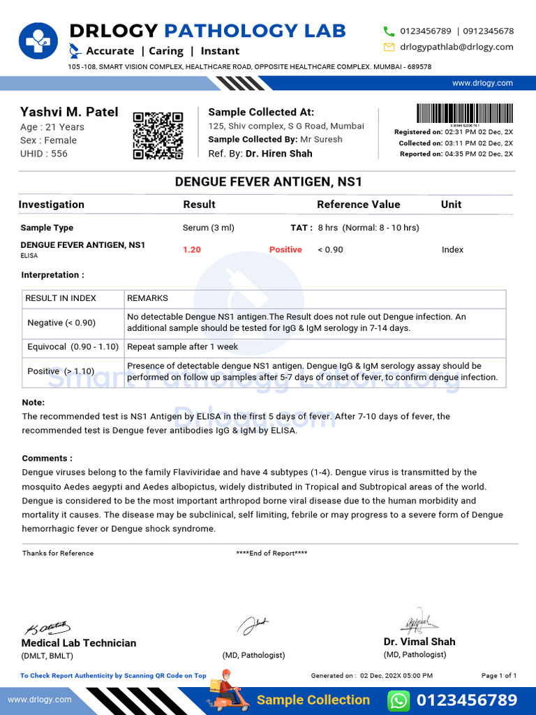Dengue Fever Antigen ns1 Test Positive Report Format Example Sample ...