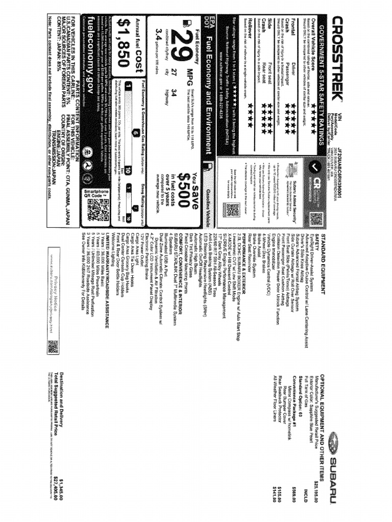 Subaru Crosstrek Base Window Sticker | PDF