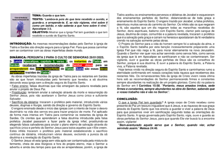 Dinâmica Da Pergunta 2 Culto de Senhoras 29-01-2025 | PDF