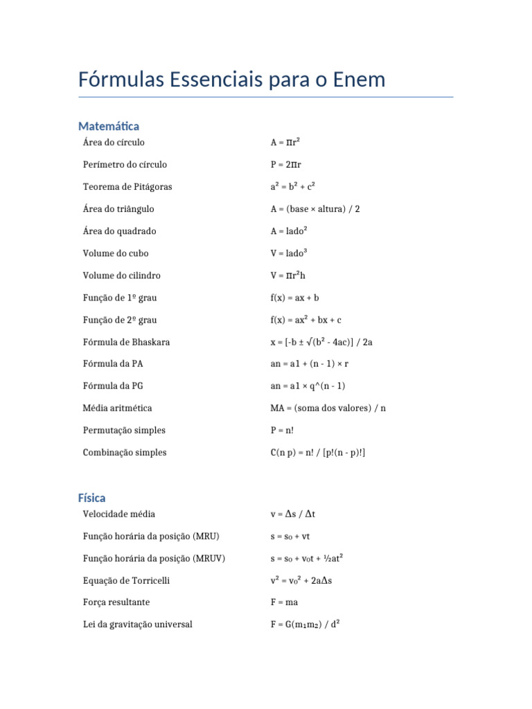 Fórmulas para o Enem: Matemática e Ciências | PDF