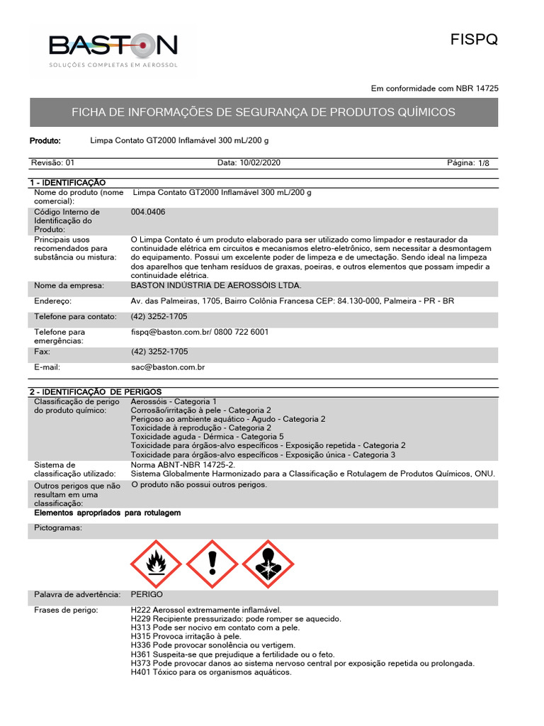 FISPQ Limpa Contato GT2000 Inflamável | PDF | Combustão | Química