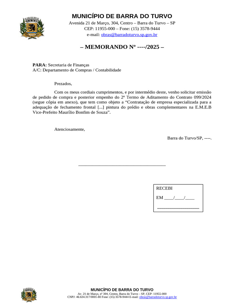 Memorando - 2025 - Gerar Pedido de Compra Aditamento Reforma Rio Pard | PDF