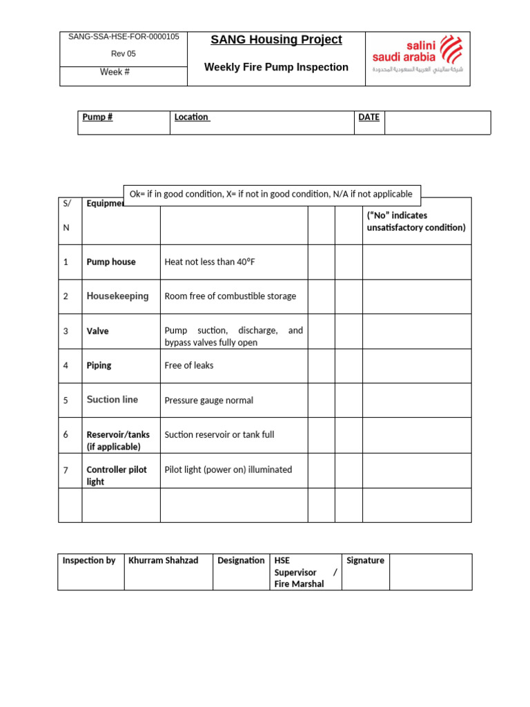 SANG-SSA-HSE-FOR-0000105 Rev 05 - Weekly Fire Pump Inspection Checklist ...