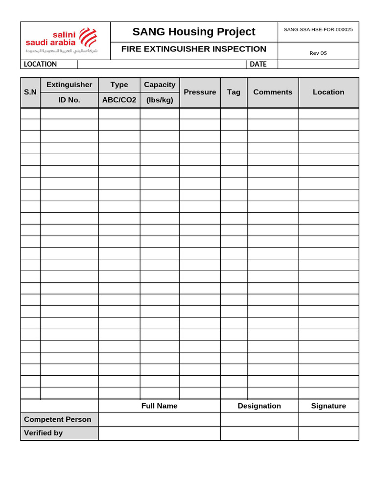 SANG-SSA-HSE-FOR-000025 Rev 05 - Fire Extinguisher Inspection Log ...