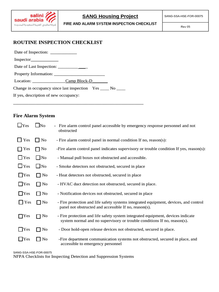 SANG-SSA-HSE-For-000075 Rev 05 - Fire Alarm System Inspection Checklist ...