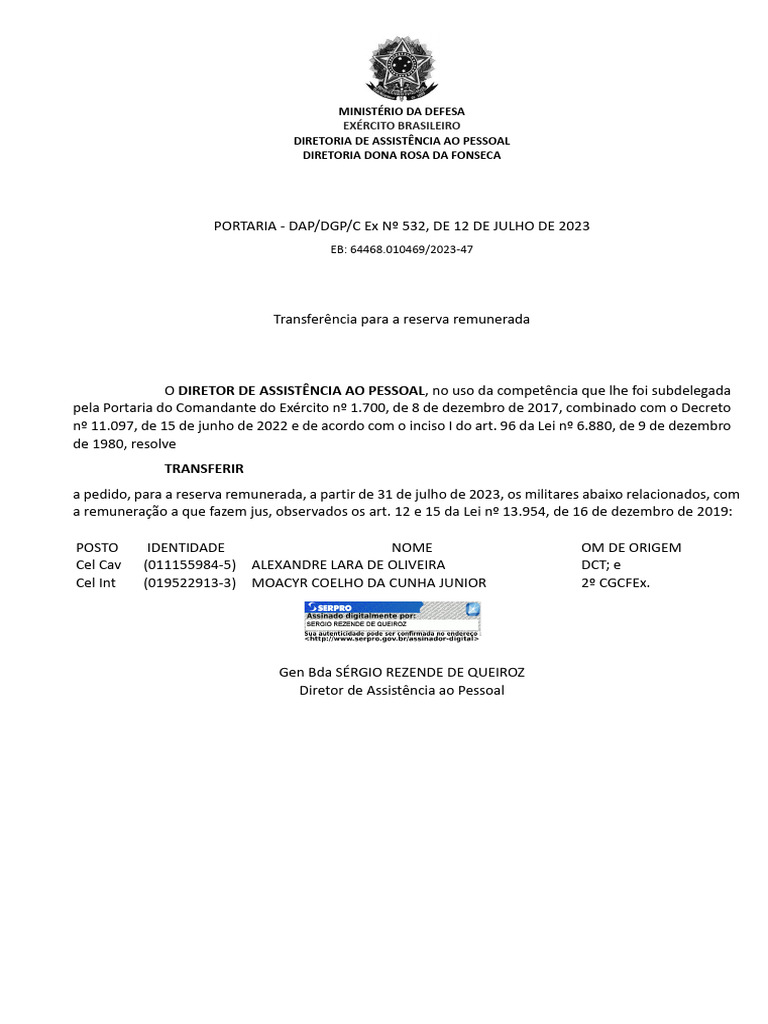 Portaria - Dap DGP C Ex #532, de 12 Jul 2023 | PDF